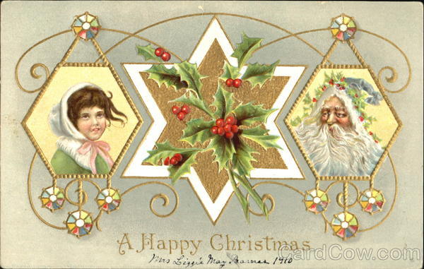 Portraits of a Young Girl and Santa Claus Face a Six-Pointed Star