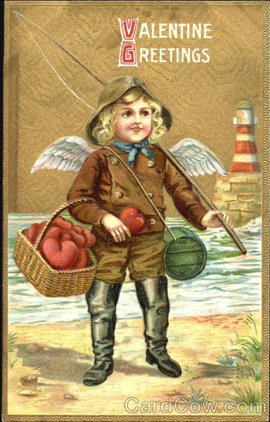 Cupid with basket of hearts, fishing pole, lighthouse