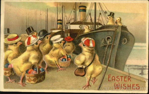 Chicks carrying egg baskets board a ship With Chicks
