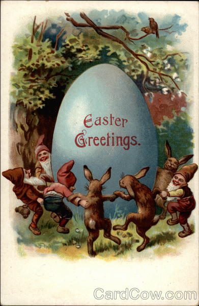 Dwarves and rabbits dancing around Easter egg Eggs