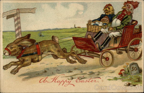 Chicken Couple in Wagon Pulled by Bunny With Bunnies