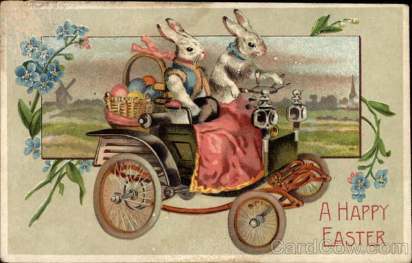Rabbits Driving Vintage Car With Bunnies