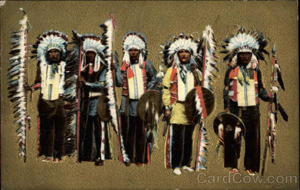 Five Native American chiefs in full regalia and feathered headdresses ...