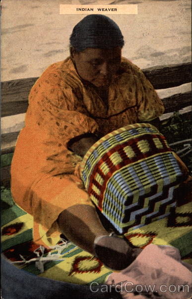 Native American woman weaving basket, "Indian Weaver" Native Americana