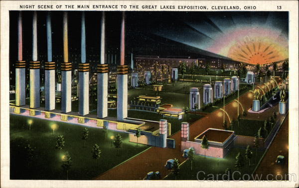 Night Scene of the Main Entrance to the Great Lakes Exposition ...