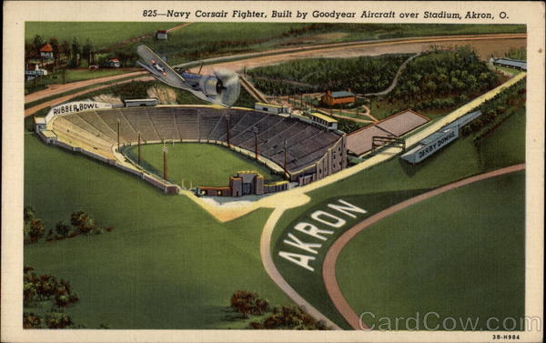 Navy Corsair Fighter, Built by Goodyear Aircraft over Stadium Akron, OH