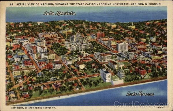Aerial View of Madison, Showing the State Capitol, Looking Northeast ...