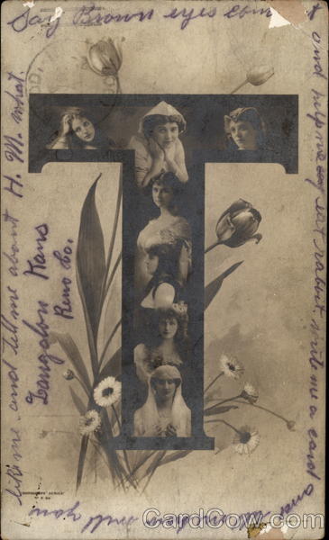 Letter "T" with girl's portraits and flowers Alphabet Letters
