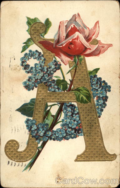 Initial A with Red Rose and anchor of flowers Alphabet Letters