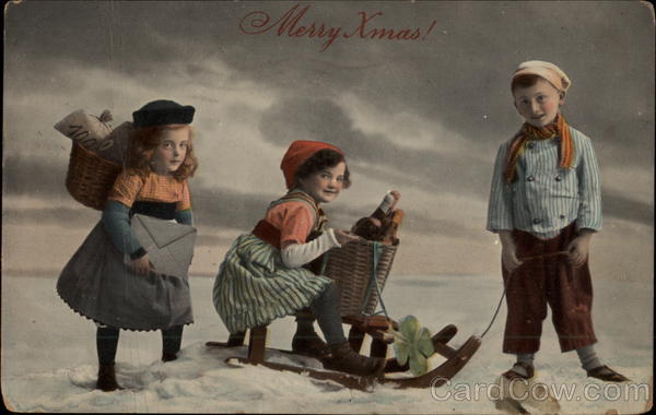 Merry Xmas! - Children in Snow with Sled