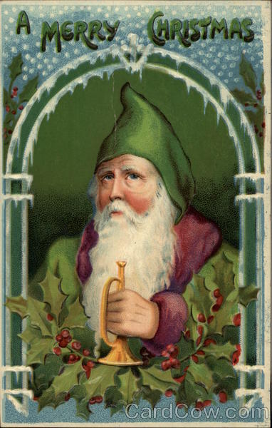 Santa in Green Hat and Purple-Lined Robe with Trumpet Santa Claus