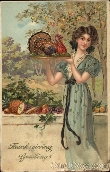 Thanksgiving Greetings - Young Woman with Turkey Turkeys