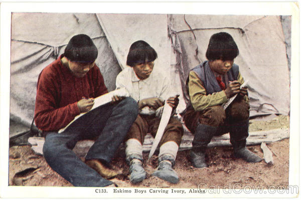 Eskimo Boys Carving Ivory Alaska Native Americana
