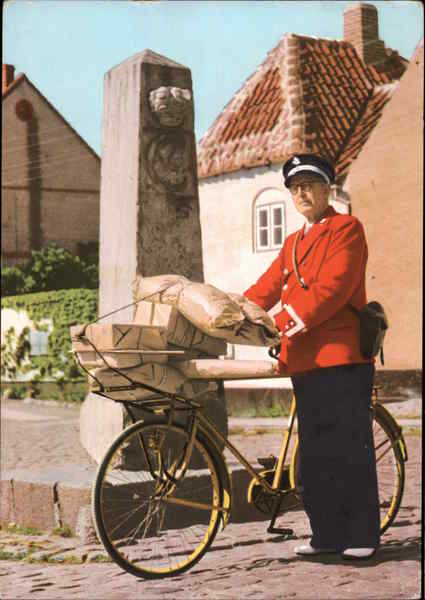 Postman with Bicycle by an Old Milestone Denmark