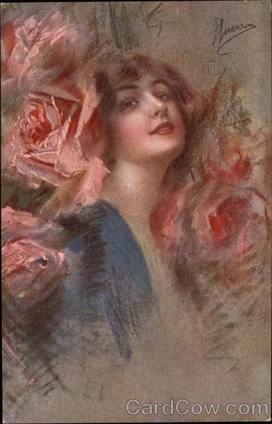 Portrait of Girl with Pink Roses Women