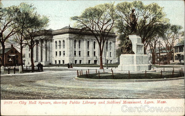 City Hall Square showing Public Library and Soldiers' Monument Lynn, MA