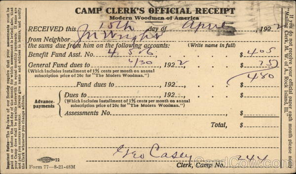 Camp Clerk's Official Receipt - Modern Woodmen Fraternal