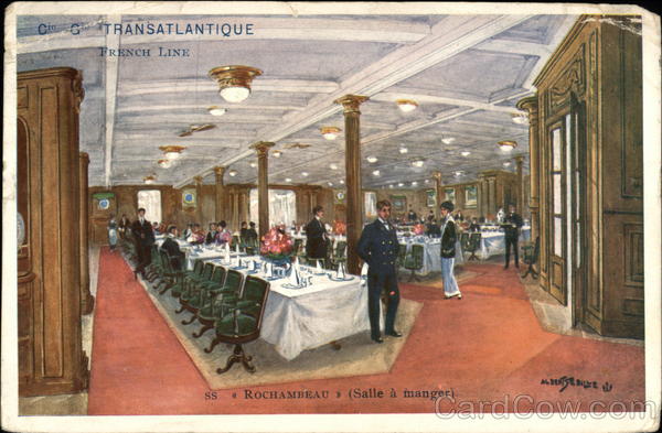 Dining Room Aboard the Rochambeau of the Transatlantique French Line ...