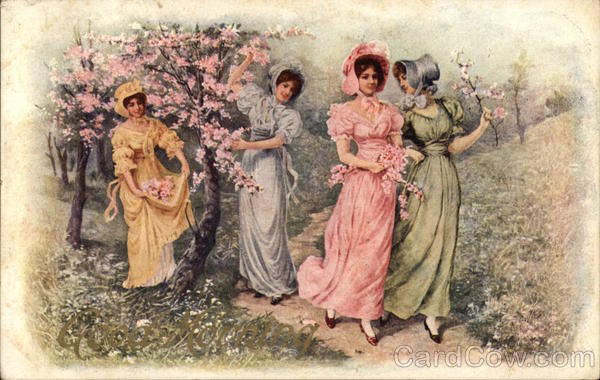 Four Young Women in Spring Attire Gathering Flowers