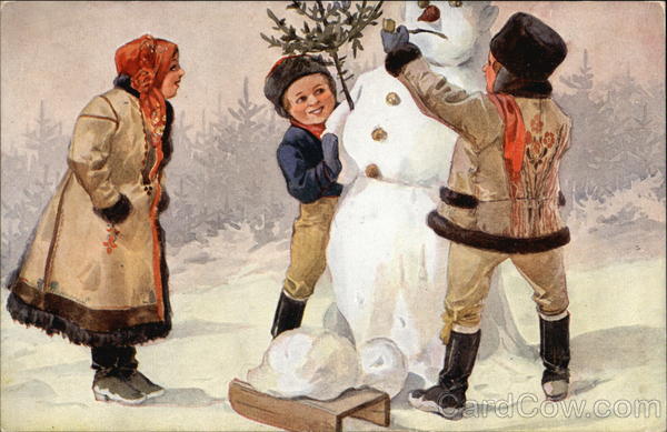 Christmas Greetings - With Family Building Snowman Snowmen