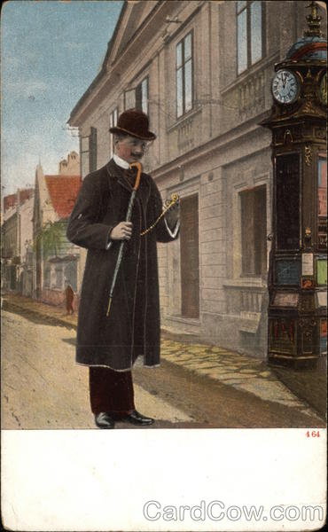 Man Checking his Pocket Watch beside a large Street Clock Clocks & Watches