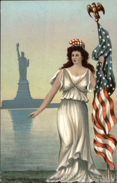 Woman dressed as Lady Liberty in front of the Statue of Liberty Patriotic