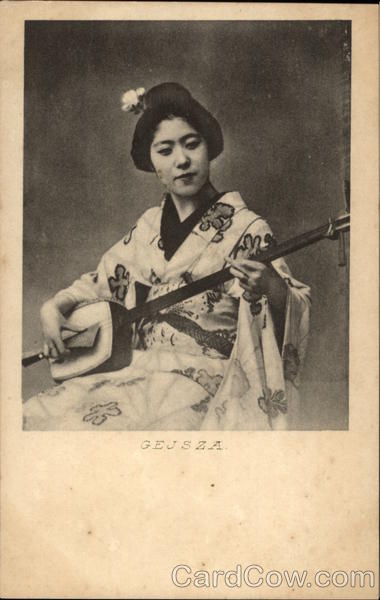 Photograph of Geisha Girl Playing Stringed Instrument Asian