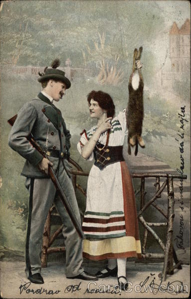 Hunter Bringing Rabbit to Woman Hunting