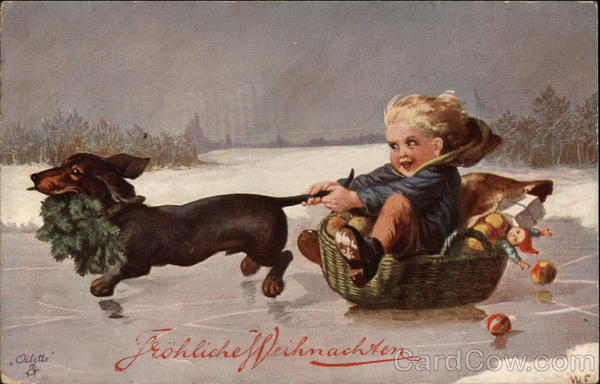 Wiener Dog Pulling Toddler on Ice Children