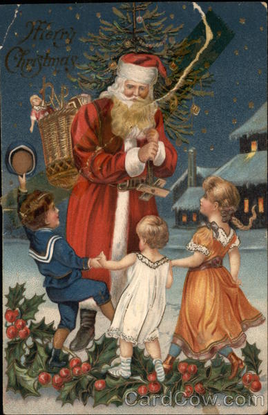 Santa in Red Robe Surrounded by Three Children