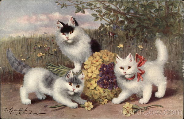 Three Kittens Playing with Flowers Cats