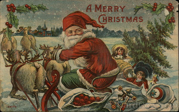 Santa Delivering Presents and Tree in Sleigh Pulled by Reindeer Santa Claus
