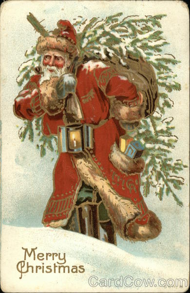 Santa carrying tree on his back and holding a lantern Santa Claus