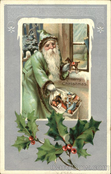 Santa in Green Robe Delivering Toys Santa Claus