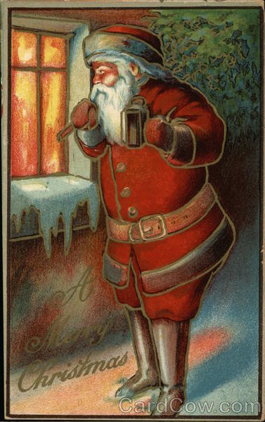 Santa looking into window from outside Santa Claus