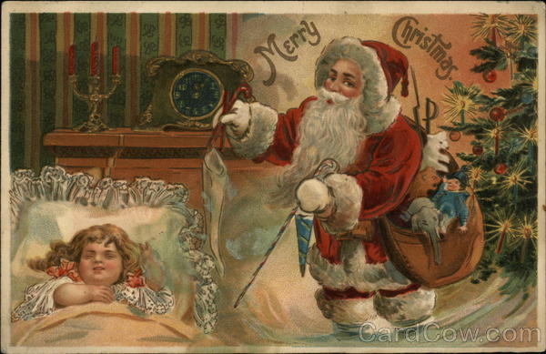 Santa Delivering Toys to Child's Stocking Santa Claus