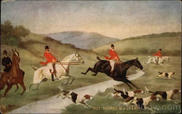 Fox Hunting Scene With Horses, Riders, And Dogs
