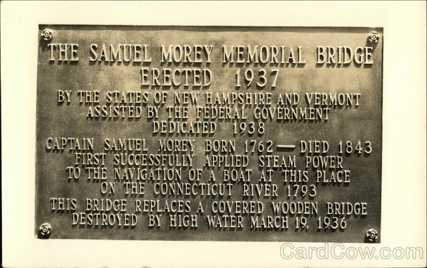Plaque for the Samuel Morey Memorial Bridge Fairlee, VT