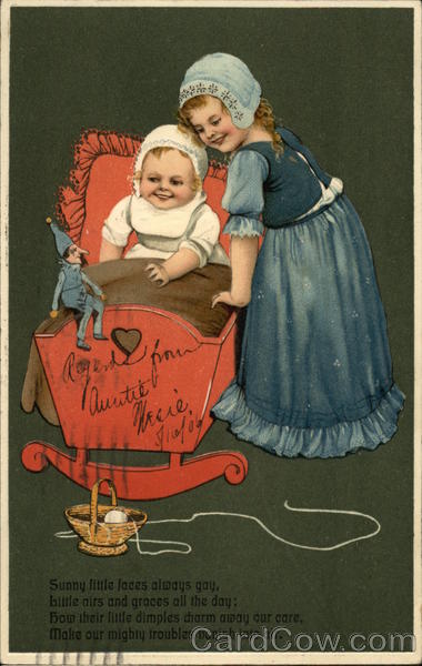 Baby in Red Crib Being Rocked by Little Girl in Blue Frilly Dress and ...