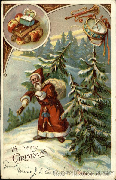 A Merry Christmas - Santa Carrying Sack and Tree in the Snow Santa Claus