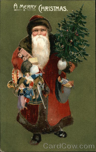 A Merry Christmas - Santa carrying Toys and Decorated Tree