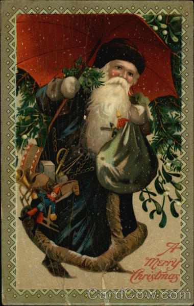 "A Merry Christmas" - With Santa Carrying Toys and Red Umbrella Santa Claus