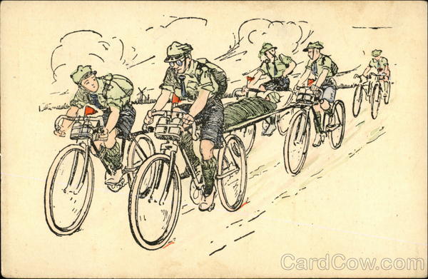 Boys Scouts on Bikes Transporting Stretcher Boy Scouts