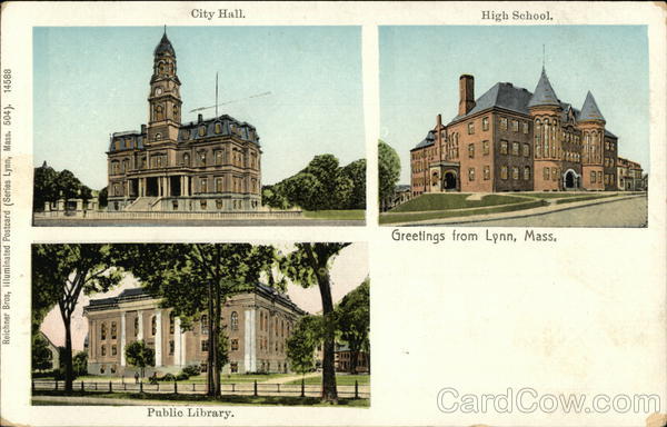 City Hall, High School and Public Library Lynn, MA Postcard