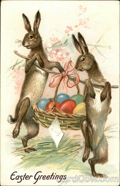 Easter Greetings - 2 Rabbits with Easter Basket With Bunnies Postcard