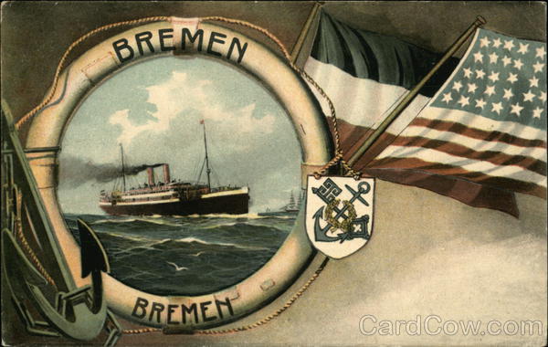 Steamer ship sailing on ocean. American and German flag. Steamers Postcard