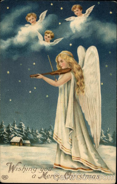 Wishing You a Merry Christmas- Angel Playing Violin Angels Postcard