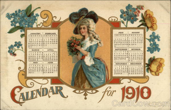 Calendar for 1910 with Woman Carrying Flowers Calendars Postcard
