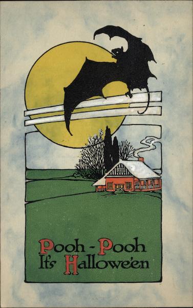 Rare Bat Flying Under Full Moon Halloween Postcard