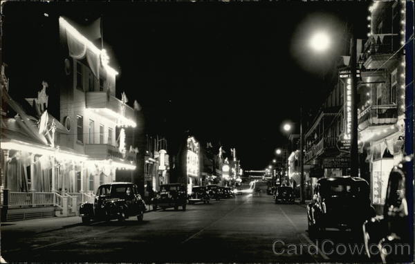 Nighttime Street Scene with Classic Cars Quebec Canada Postcard